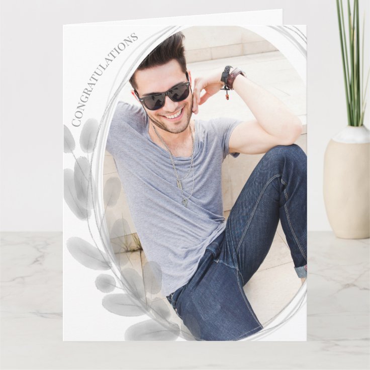 Watercolor Leaf Framed Photo Grey Congratulations Card | Zazzle