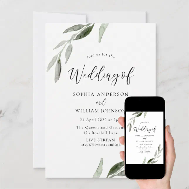 Watercolor Leaf Wedding incl Live Stream Option Invitation | Zazzle