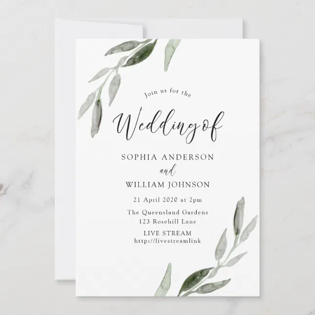 Watercolor Leaf Wedding incl Live Stream Option Invitation | Zazzle