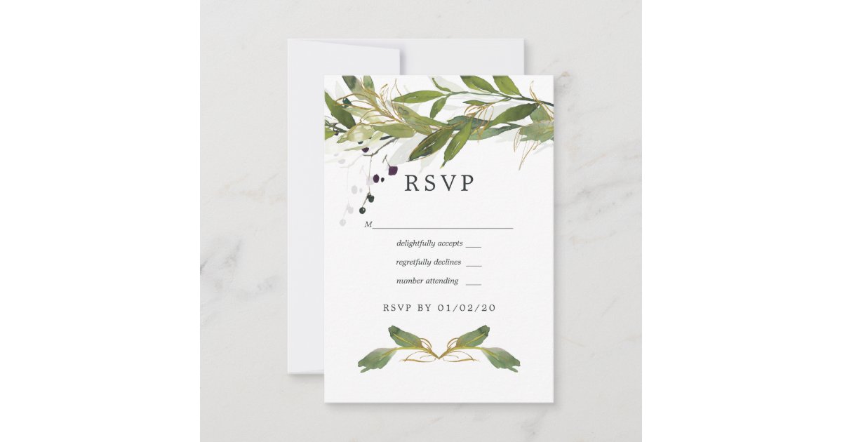 Watercolor Leafy Greenery Wedding RSVP Card | Zazzle