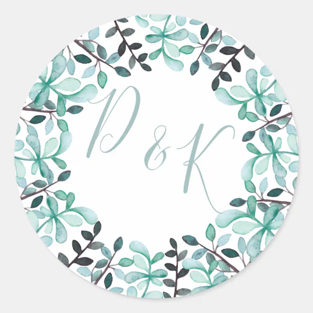 Watercolor Leaves Monogram Wedding Classic Round Sticker | Zazzle