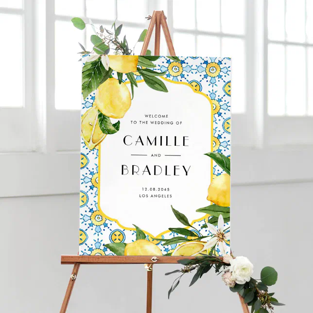 Watercolor Lemon and Moroccan Tile Wedding Welcome Poster | Zazzle