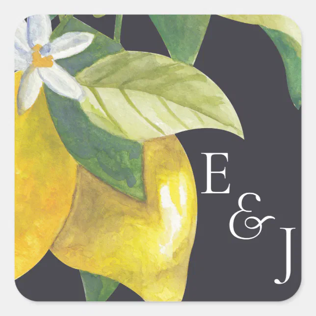 Watercolor Lemon Blossom Monogram Wedding Square Sticker | Zazzle