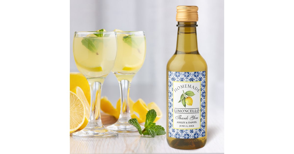 Watercolor Lemon Blue Tile Limoncello Mini Labels | Zazzle