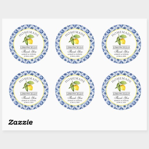 Watercolor Lemon Blue Tile Limoncello Thanks Classic Round Sticker | Zazzle