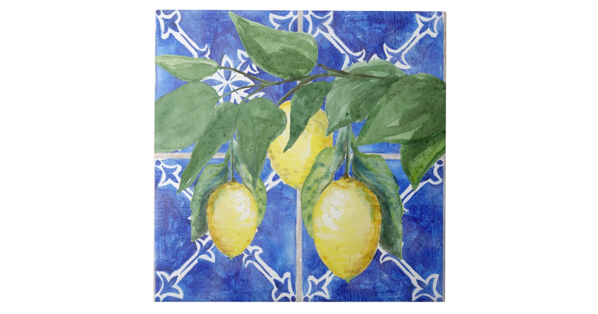 Watercolor Lemon Citrus Foliage Blue White Pattern Ceramic Tile | Zazzle