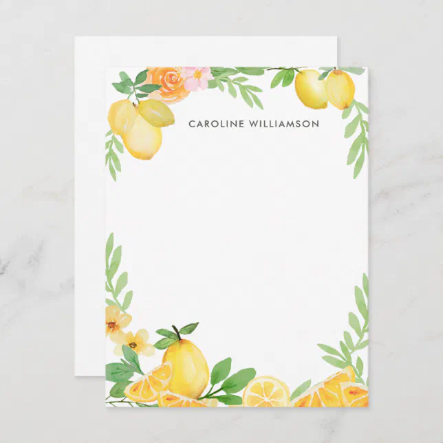 Watercolor Lemon Floral Personalized Stationery Note Card | Zazzle