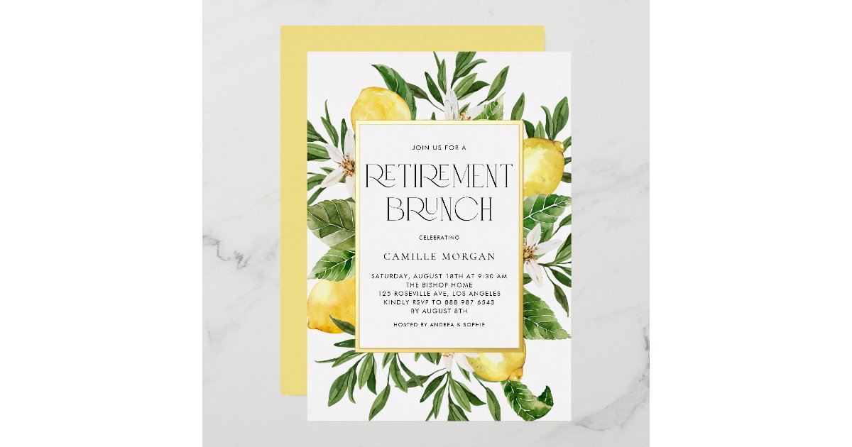 Watercolor Lemon Frame Botanical Retirement Brunch Foil Invitation | Zazzle