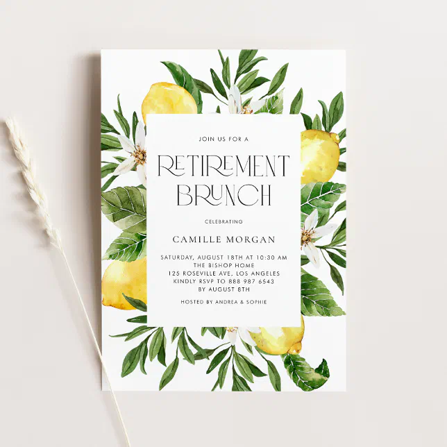Watercolor Lemon Frame Botanical Retirement Brunch Invitation | Zazzle