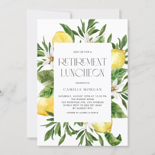 Watercolor Lemon Frame Retirement Luncheon Invitation | Zazzle