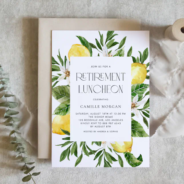 Watercolor Lemon Frame Retirement Luncheon Invitation | Zazzle