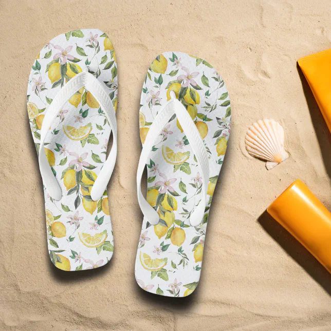 Watercolor Lemon Fruit Floral Pattern Flip Flops | Zazzle