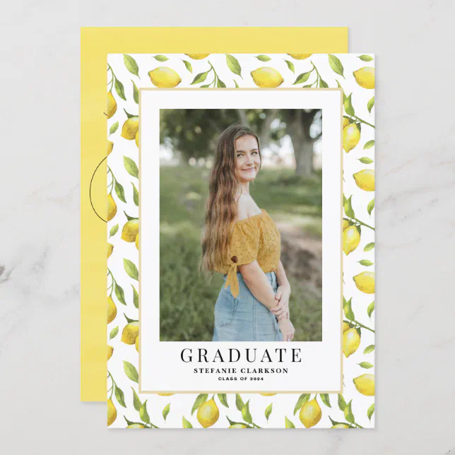 Watercolor Lemon Greenery Pattern Photo Graduation Invitation | Zazzle