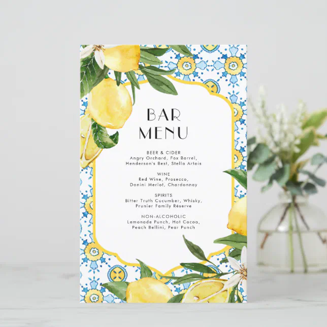 Watercolor Lemon Mediterranean Bar Menu Card | Zazzle