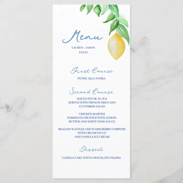 Watercolor Lemon Mediterranean Blue Menu | Zazzle