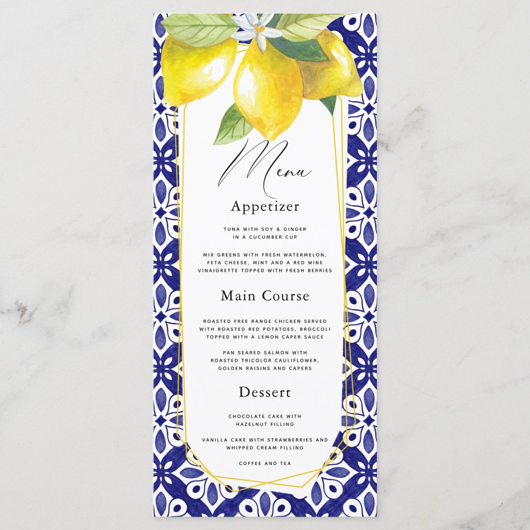 Watercolor Lemon Mediterranean Blue Tile Menu | Zazzle