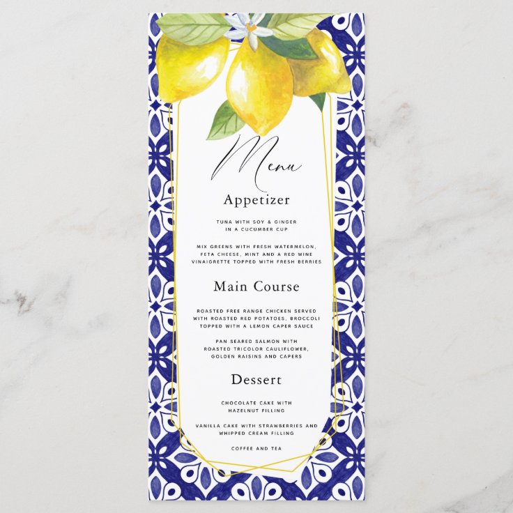 Watercolor Lemon Mediterranean Blue Tile Menu | Zazzle