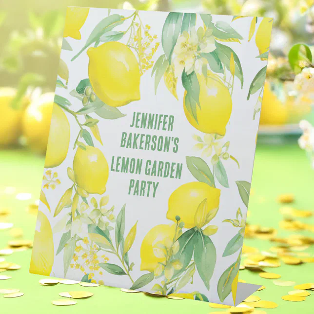 Watercolor Lemon Pattern Birthday Party Pedestal Sign | Zazzle