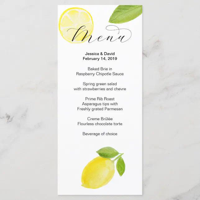 Watercolor Lemon Wedding Menu | Zazzle