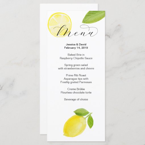Watercolor Lemon Wedding Menu | Zazzle
