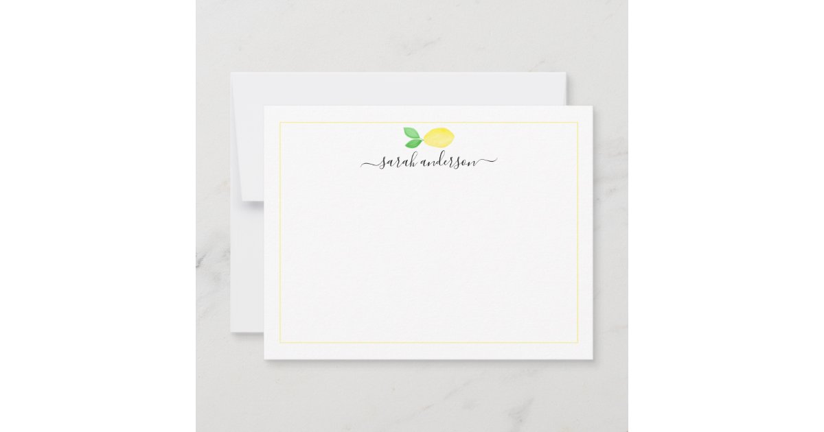 Watercolor Lemon Yellow Border Personalized Note Card | Zazzle