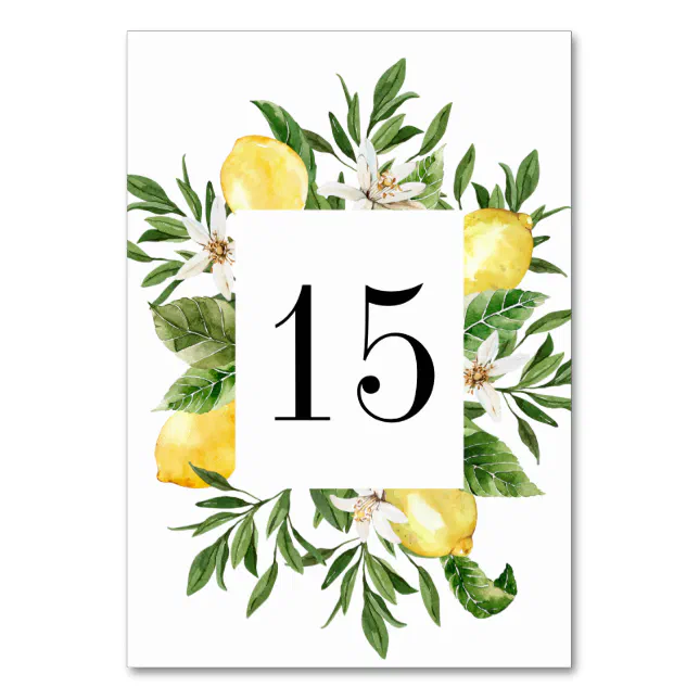 Watercolor Lemons and Blossoms Summer Wedding Table Number | Zazzle