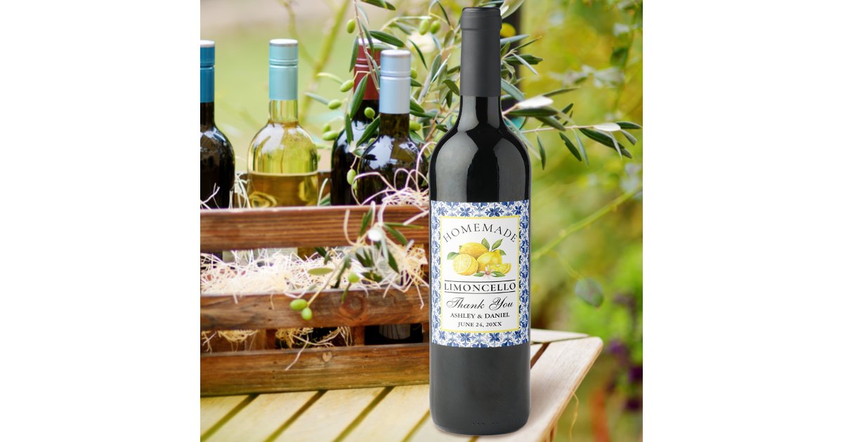 Watercolor Lemons Blue Tile Limoncello Label | Zazzle