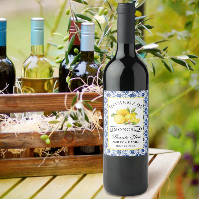 Watercolor Lemons Blue Tile Limoncello Label | Zazzle