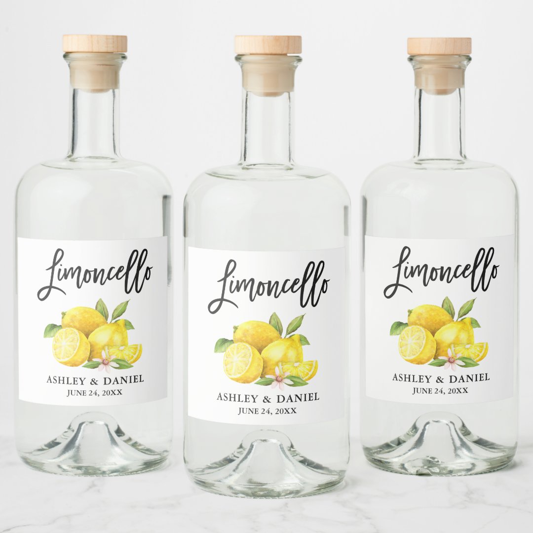 Watercolor Lemons Brush Script Limoncello Liquor Bottle Label | Zazzle