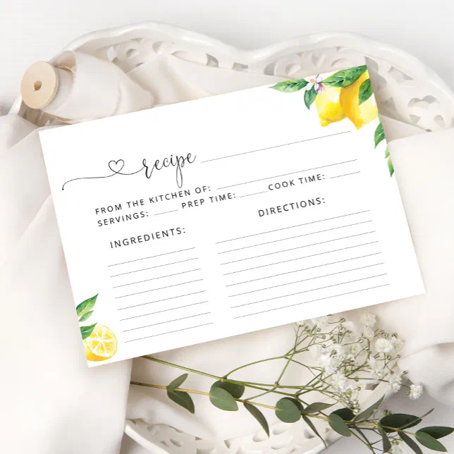 Watercolor lemons citrus recipe card | Zazzle
