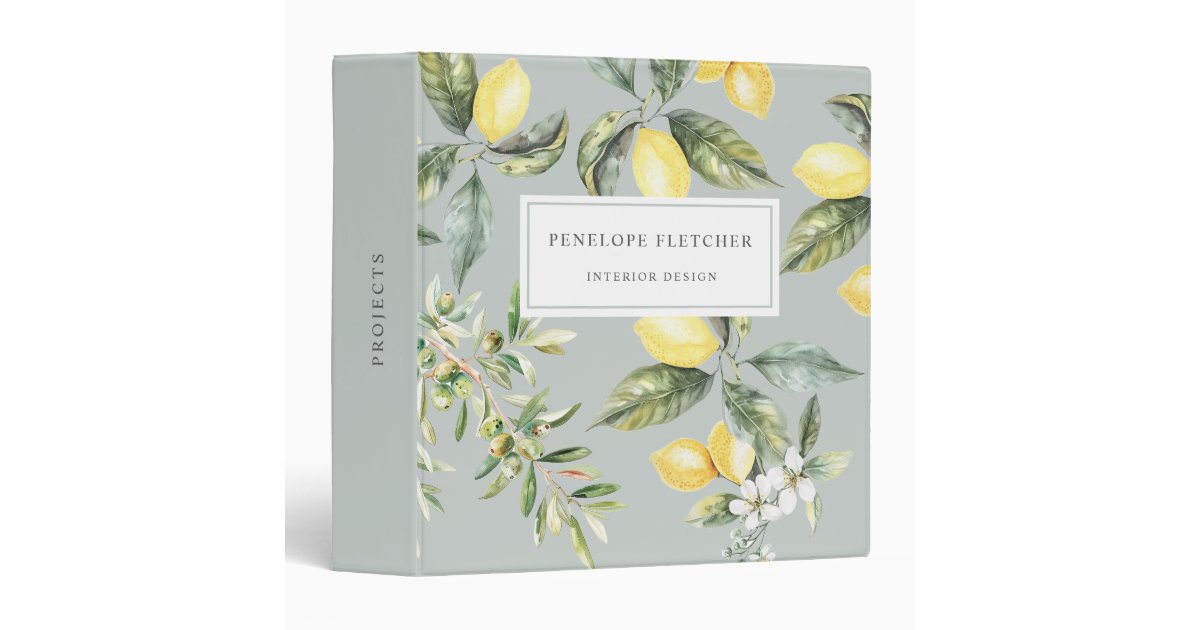 Watercolor Lemons Sage Green Elegant 3 Ring Binder | Zazzle