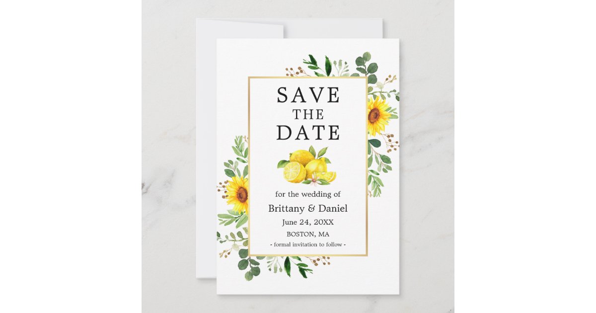 Watercolor Lemons Sunflowers Save The Date Card | Zazzle