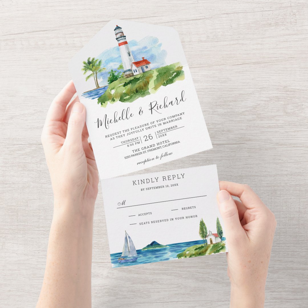 Watercolor Lighthouse Coastal Theme Wedding All In One Invitation | Zazzle