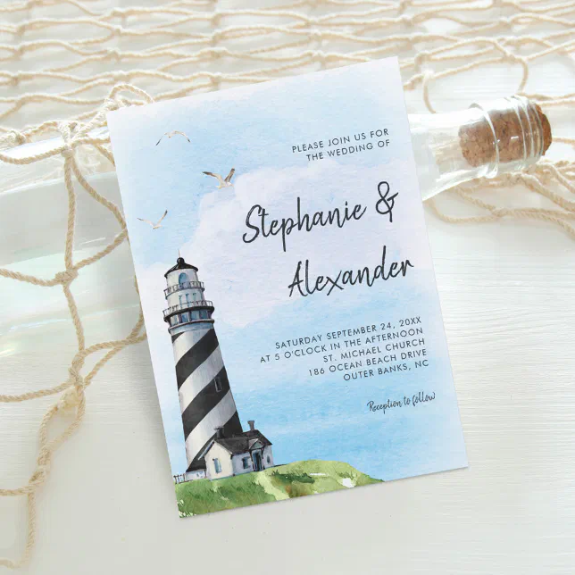 Watercolor Lighthouse Modern Wedding Invitation | Zazzle