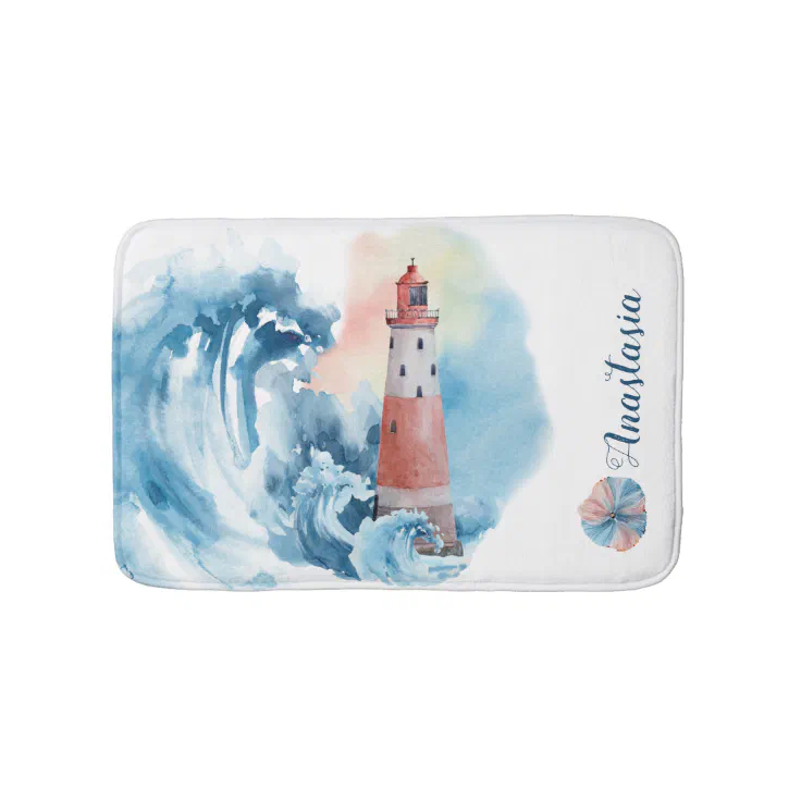 Watercolor Lighthouse Wave Bath Mat | Zazzle