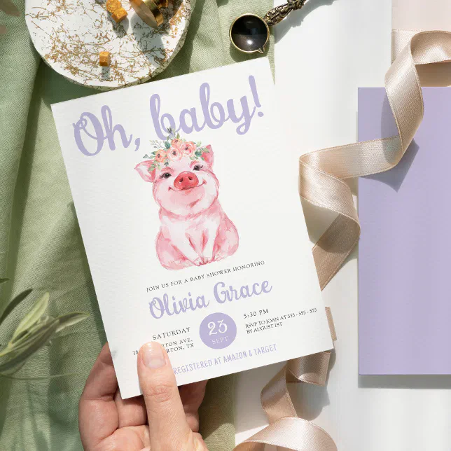 Watercolor Little Pig Baby Girl Baby Shower Invitation | Zazzle