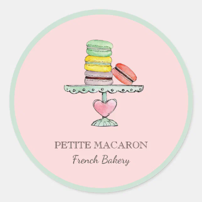Watercolor Macarons On Cake stand Pink bakery Classic Round Sticker ...