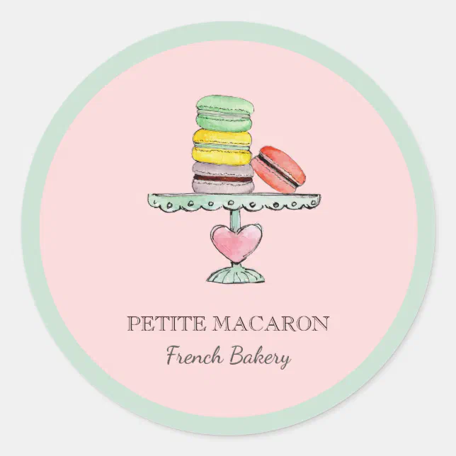 Watercolor Macarons On Cake stand Pink bakery Classic Round Sticker ...