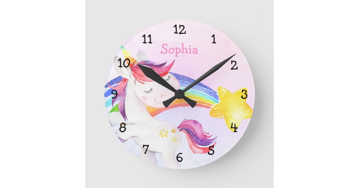 Watercolor Magical Unicorn Rainbow Girl Nursery Round Clock | Zazzle