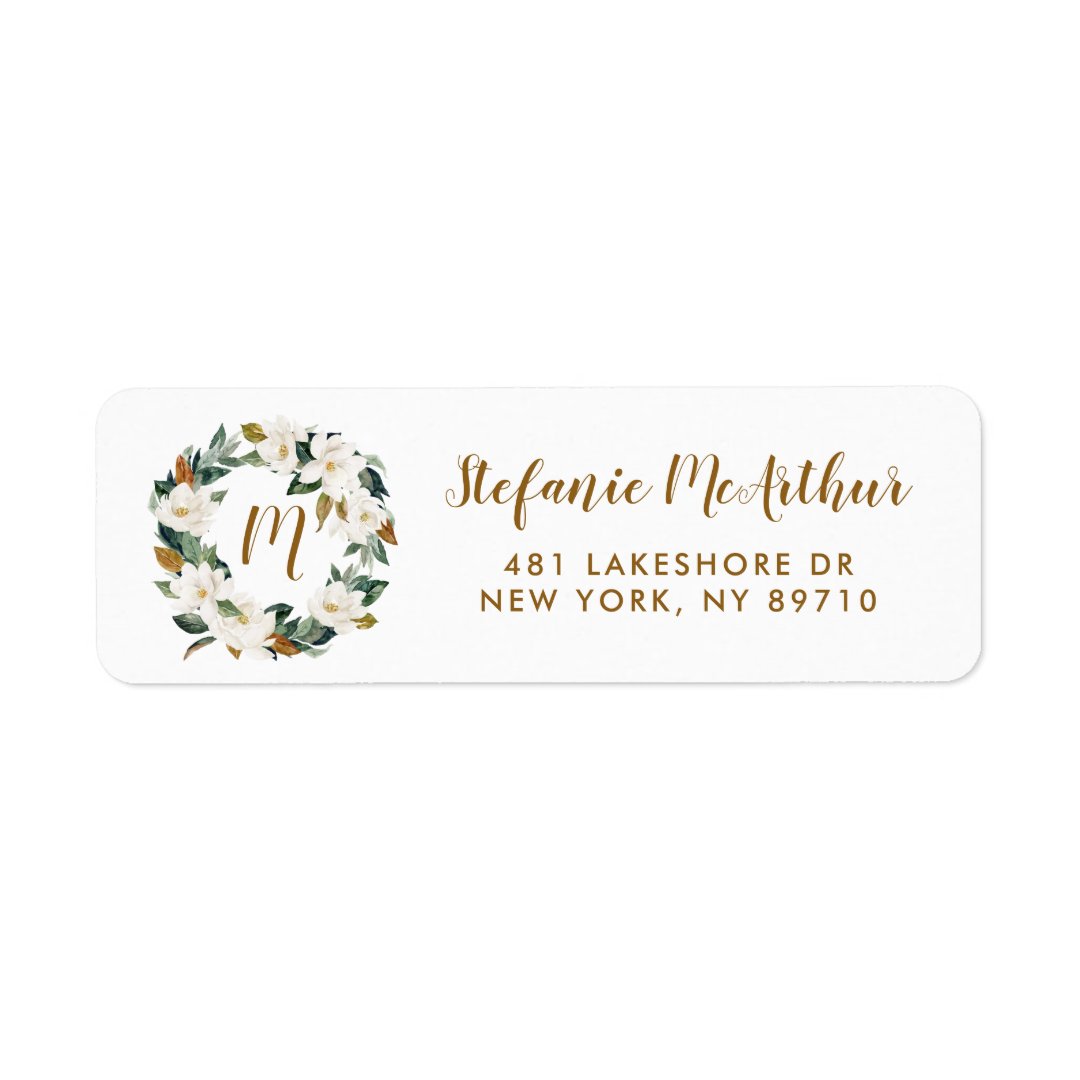 Watercolor Magnolia Wreath Monogram Address Label | Zazzle