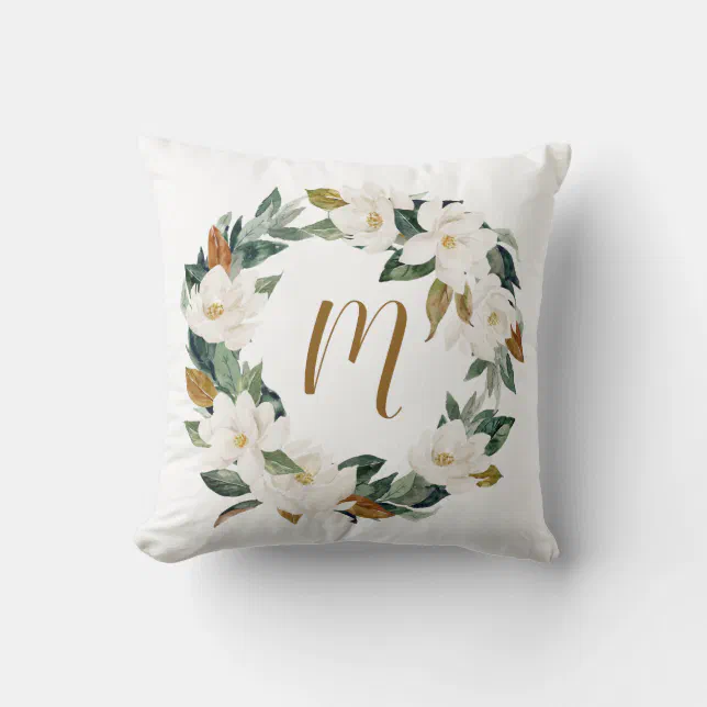 Watercolor Magnolia Wreath Monogram Throw Pillow | Zazzle