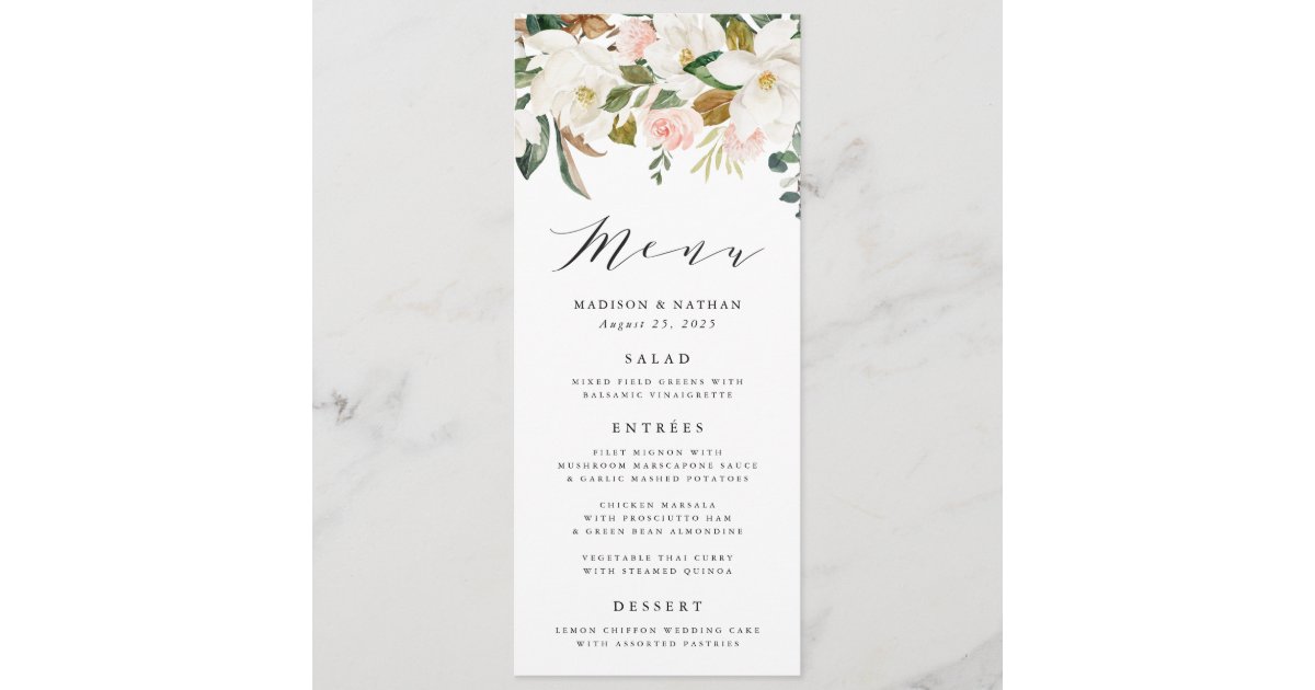 Watercolor Magnolias | Wedding Menu Card | Zazzle