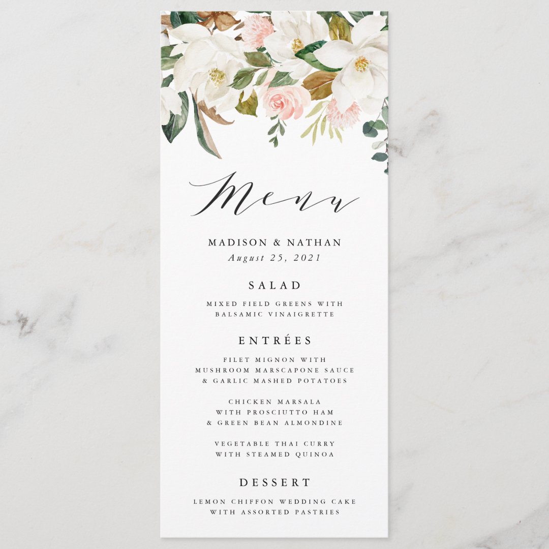 Watercolor Magnolias | Wedding Menu Card | Zazzle