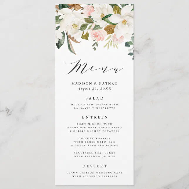 Watercolor Magnolias | Wedding Menu Card | Zazzle