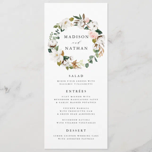 Watercolor Magnolias Wreath | Wedding Menu Card | Zazzle