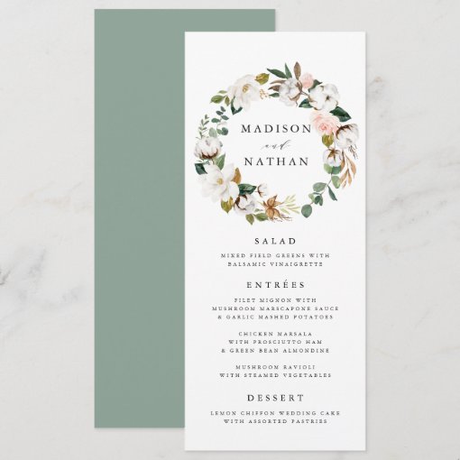Watercolor Magnolias Wreath | Wedding Menu Card | Zazzle