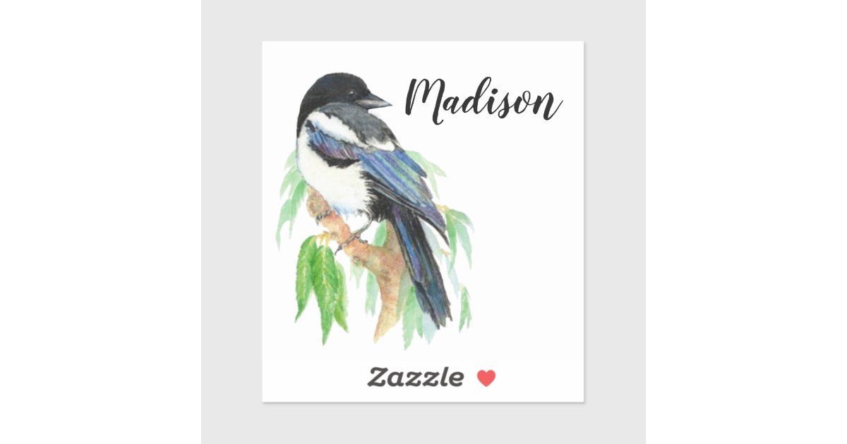 Watercolor Magpie Bird Nature Custom Name Sticker | Zazzle