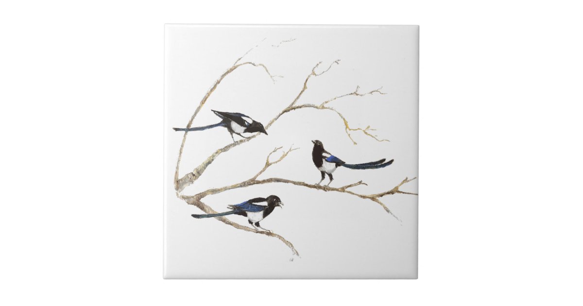 Watercolor Magpie Family Birds in Tree Ceramic Tile | Zazzle