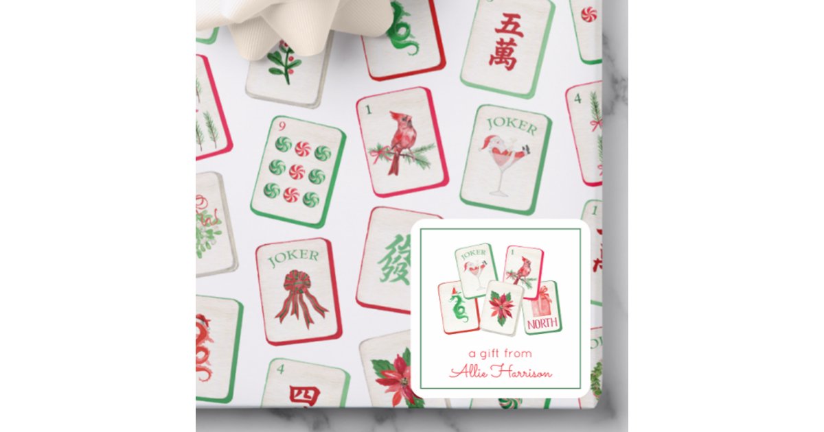 Watercolor Mahjong Christmas Tiles Enclosure Square Sticker | Zazzle