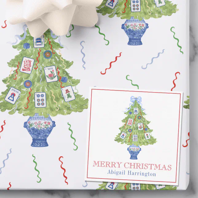 Watercolor Mahjong Christmas Tree Note Card | Zazzle